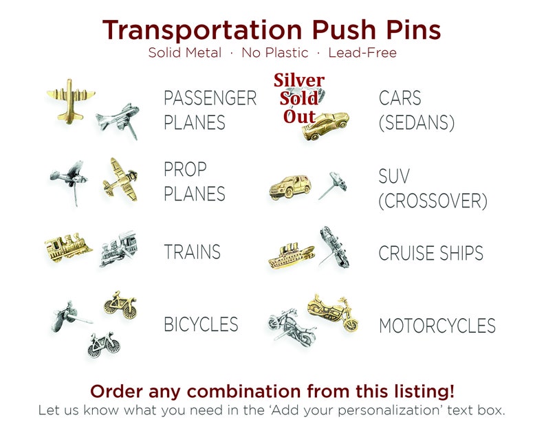 Mix and Match Solid Metal Push Pins Gold & Silver Travel - Etsy