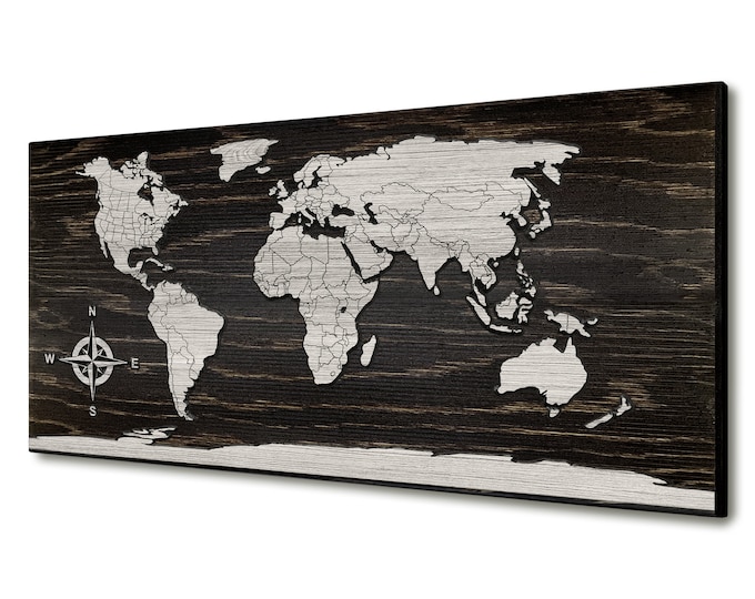 Nautical Wood Map | World Map on Wood | Compass | Travel Quote | Shabby ...