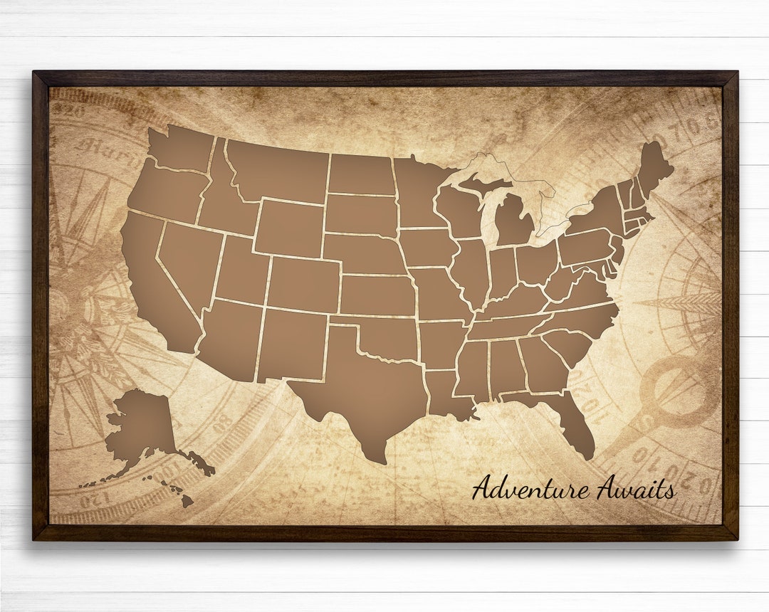 US Map Pin Board | Adventure Awaits | Canvas Cork US Map | Vintage ...