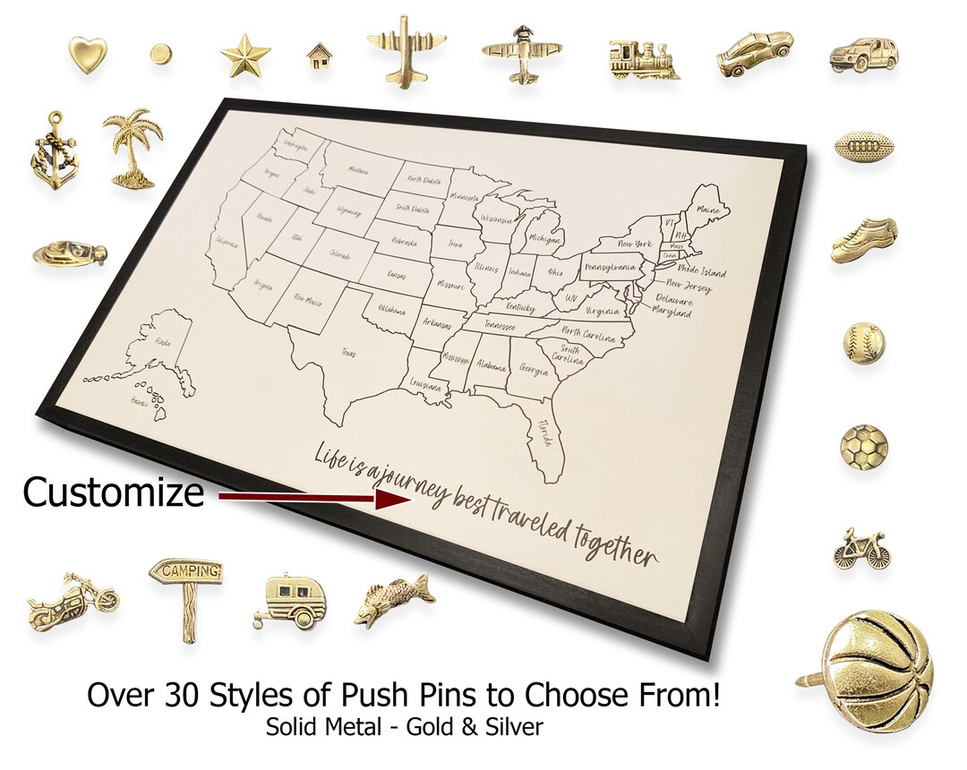 US Push Pin Map Framed Map of USA Mark Travels & Adventures Personalize ...