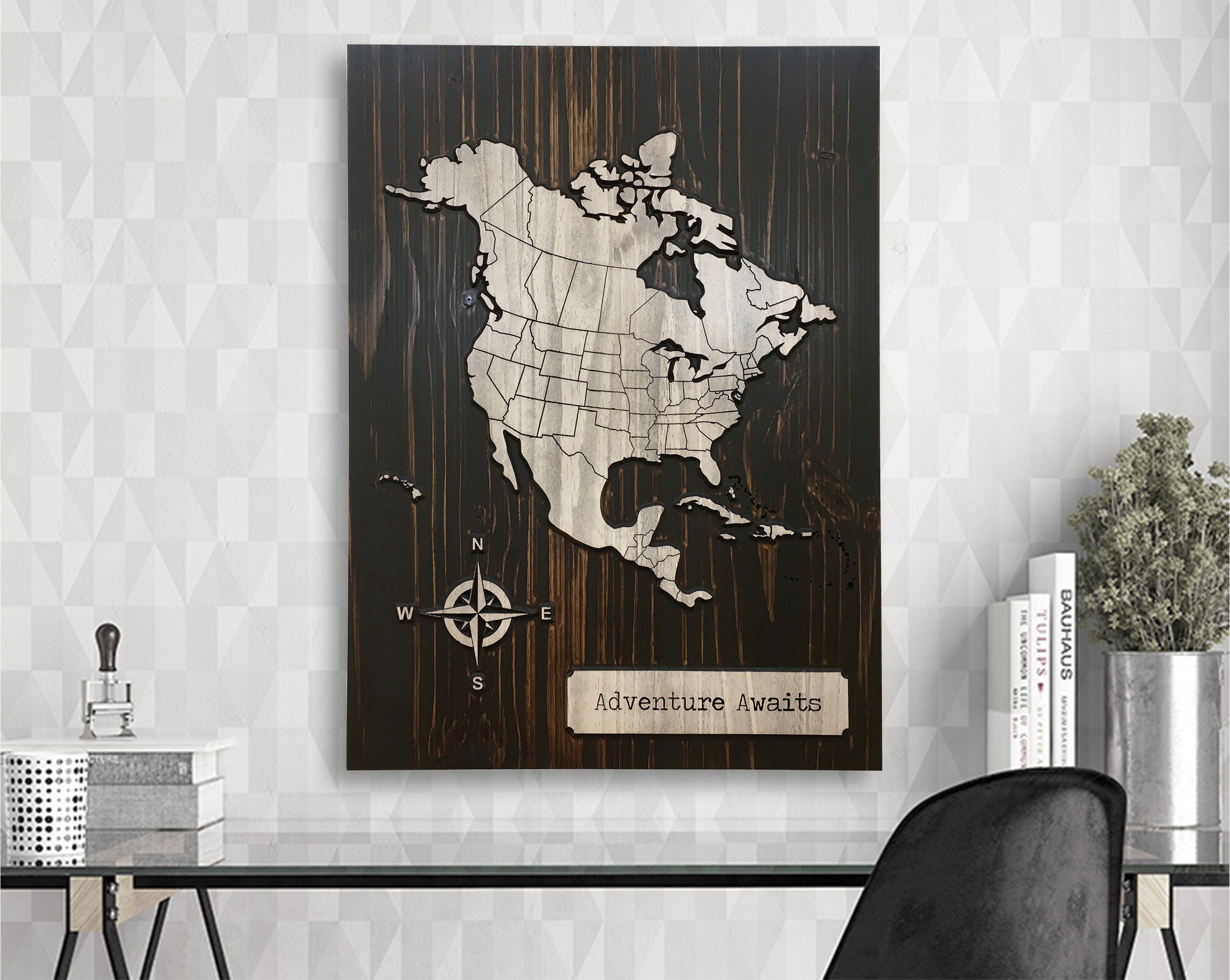North America Push Pin Map Wood Wall Art Carved Into Solid - Etsy