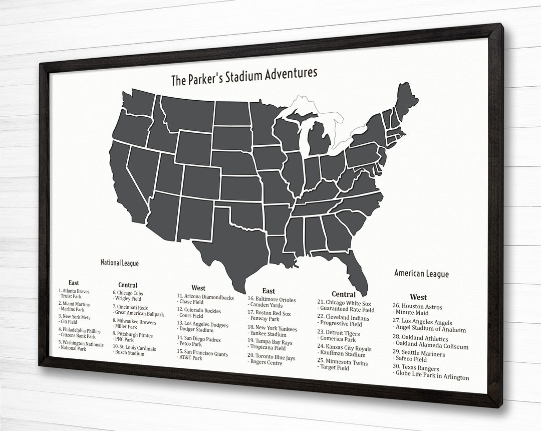 Push Pin Baseball Bucket List US Map | All Ball Parks Listed | Major ...