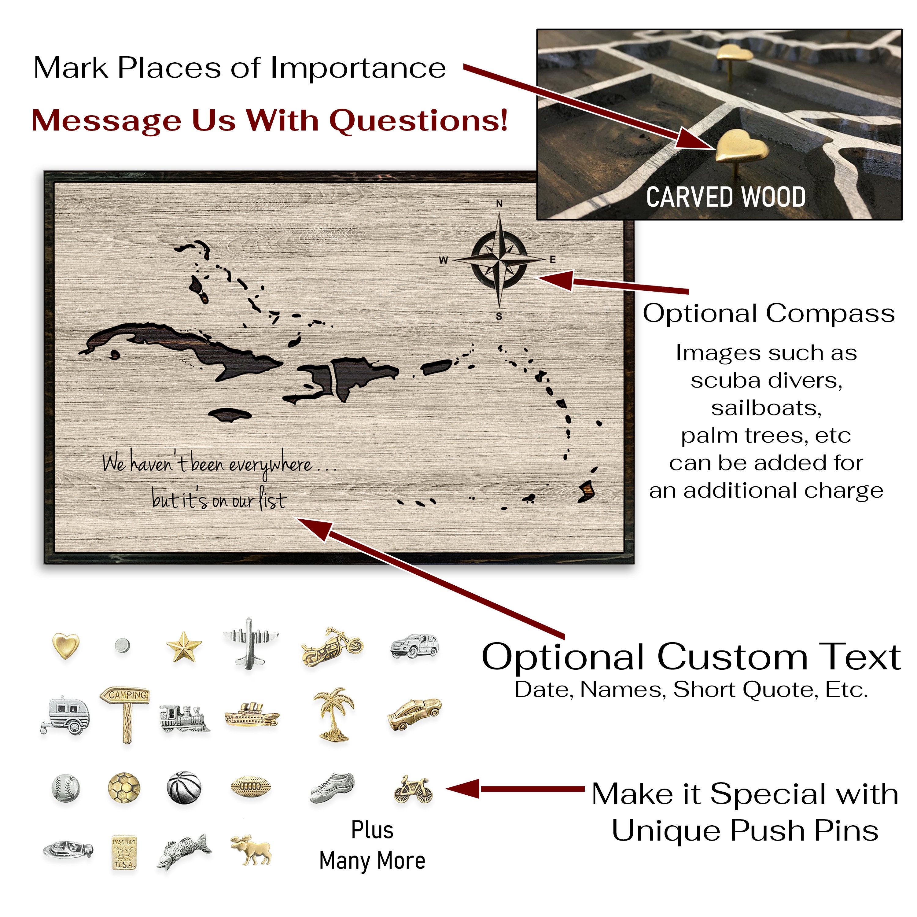 Caribbean Push Pin Map Map to Mark Travels to Islands - Etsy