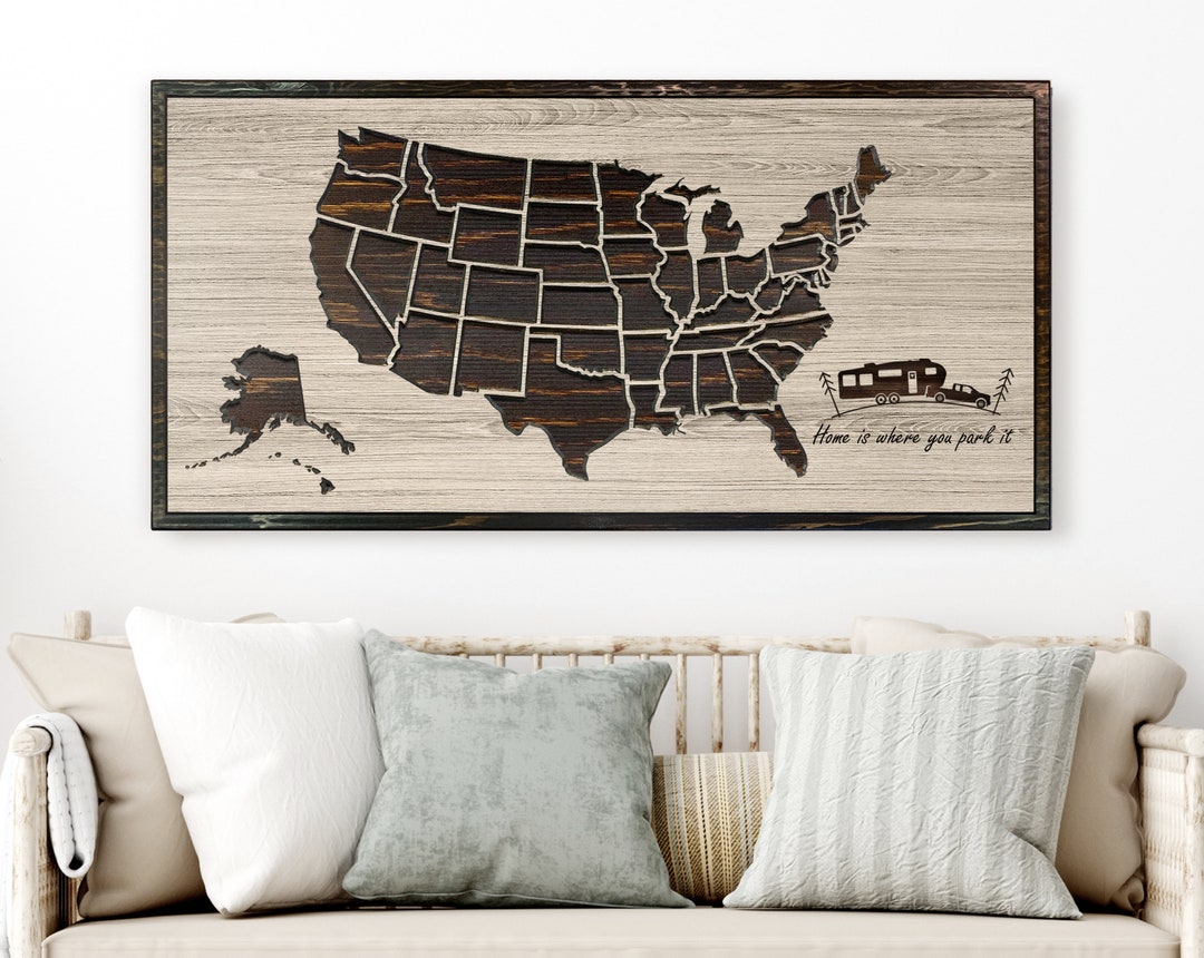 RV Camper Travel Map, Travel Trailer Camping Adventure Map, Carved Wood ...