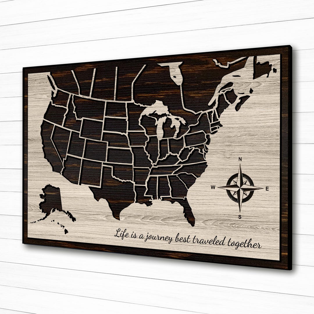 US & Canada Push Pin Map Wall Art - Carved Wood Map - Wood Wall Art for ...
