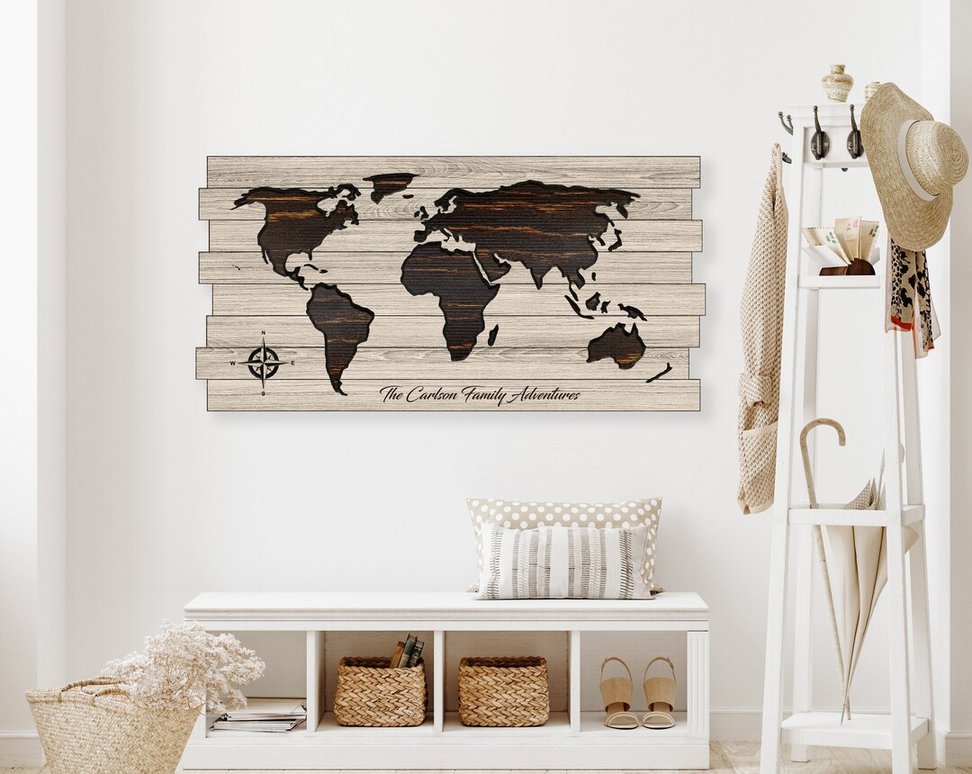 LARGE Carved Wooden World Map Pallet Style, Not All Those Who Wander ...