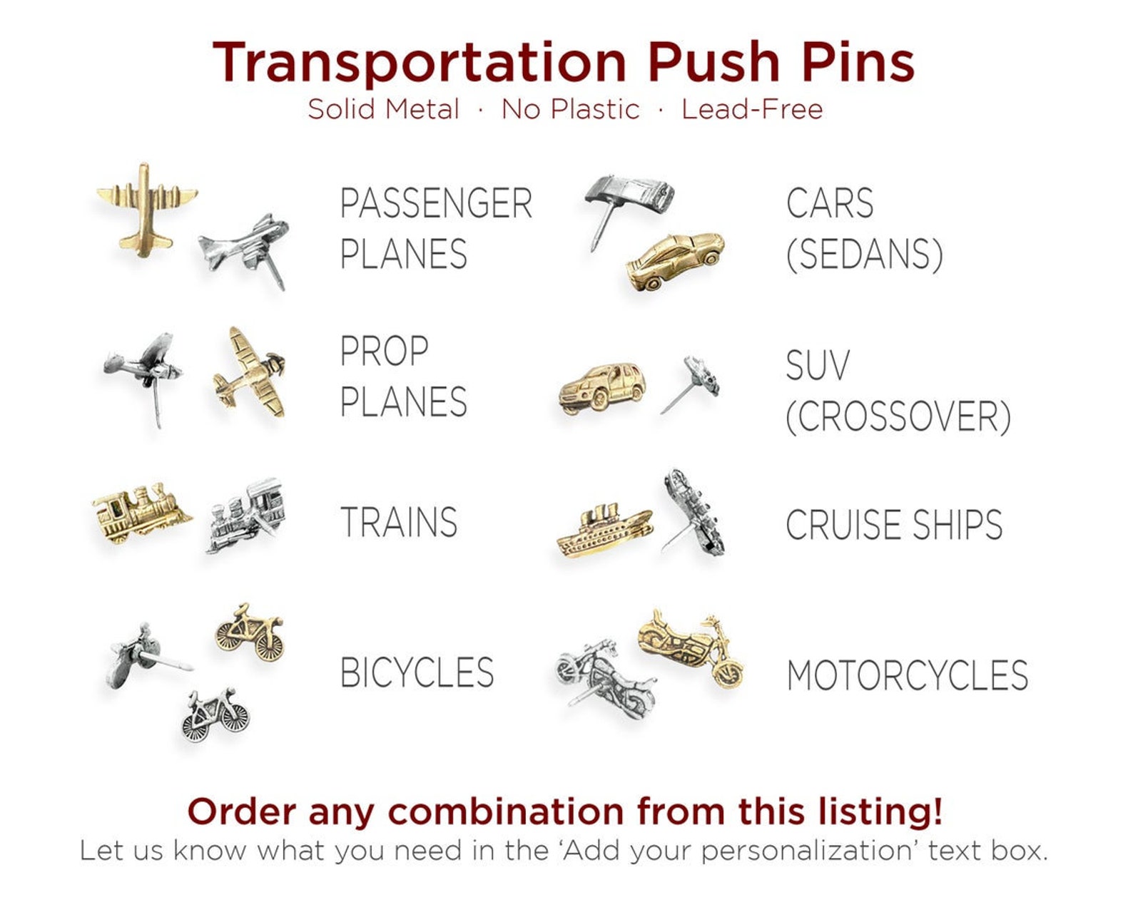 Mix and Match Solid Metal Push Pins Gold & Silver Travel - Etsy