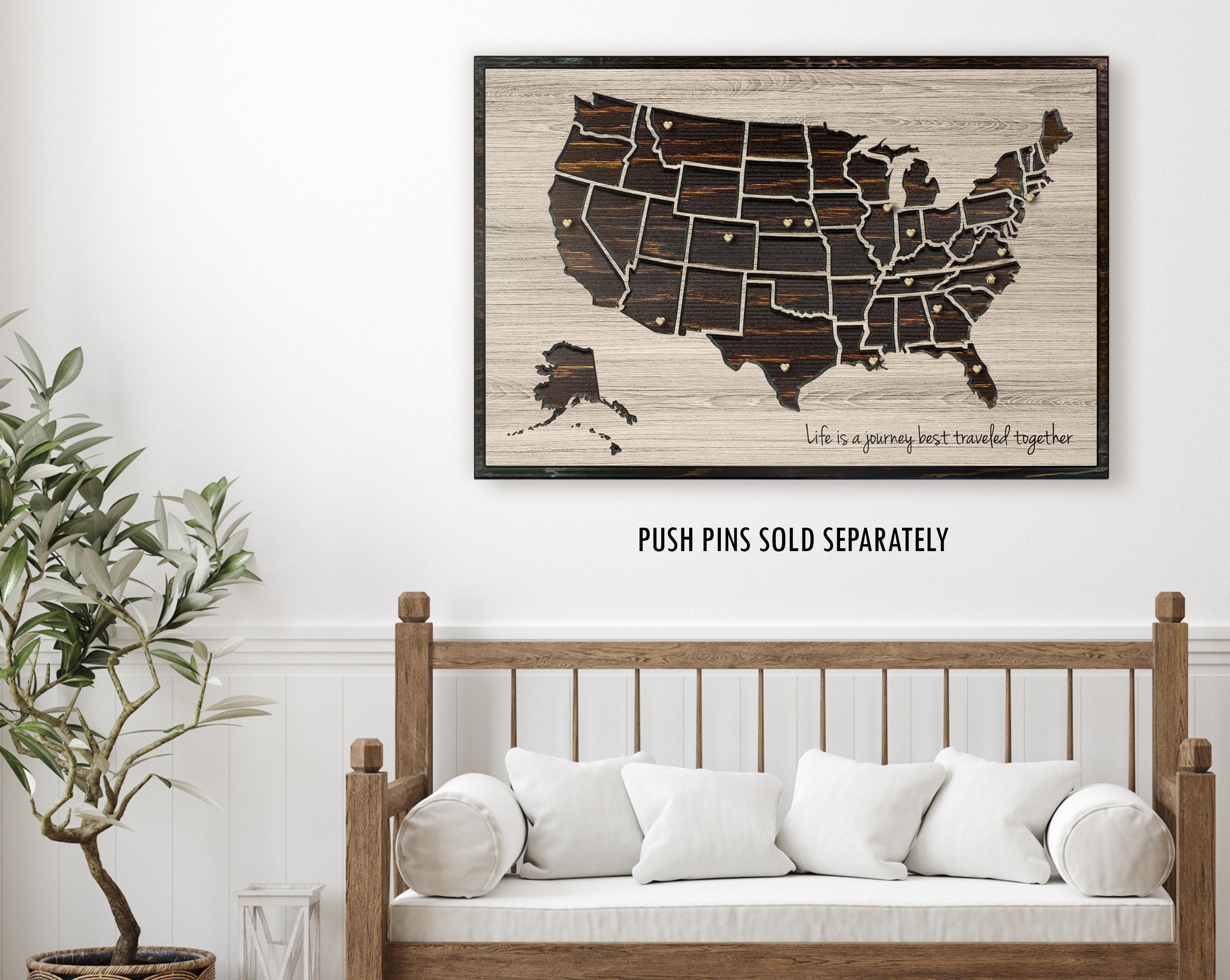 US Map Wall Art - Push Pin Map of United States - Carved Wooden Map ...