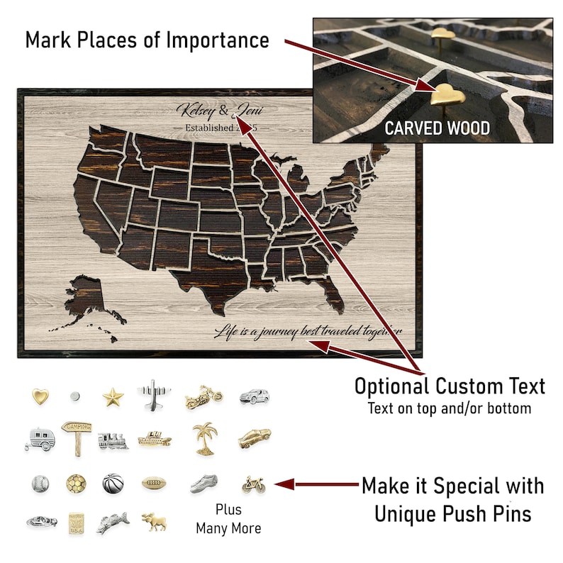 US Push Pin Map - US Map Wall Art - US Travel Map to Mark Locations ...