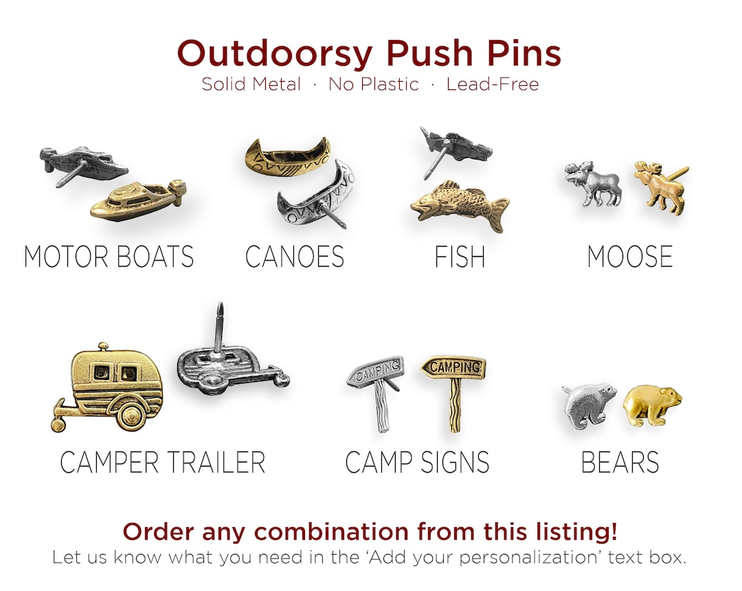 Outdoorsy Push Pins, Mix and Match Solid Metal Push Pins, Gold & Silver ...