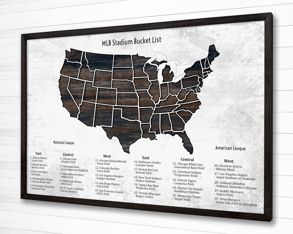 Push Pin Baseball Bucket List US Map | All Ball Parks Listed | Major ...