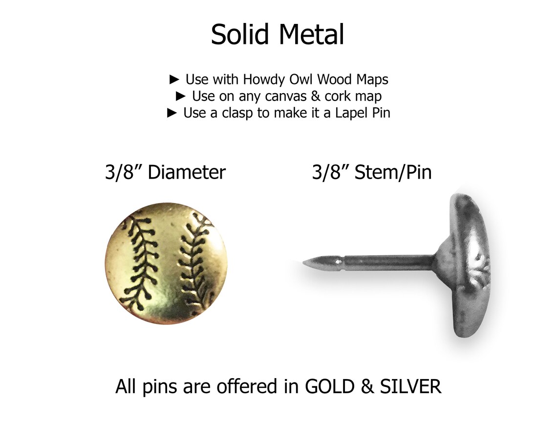 Antique Silver & Gold Baseball Push Pins, Unique Metal Sports Pushpin ...