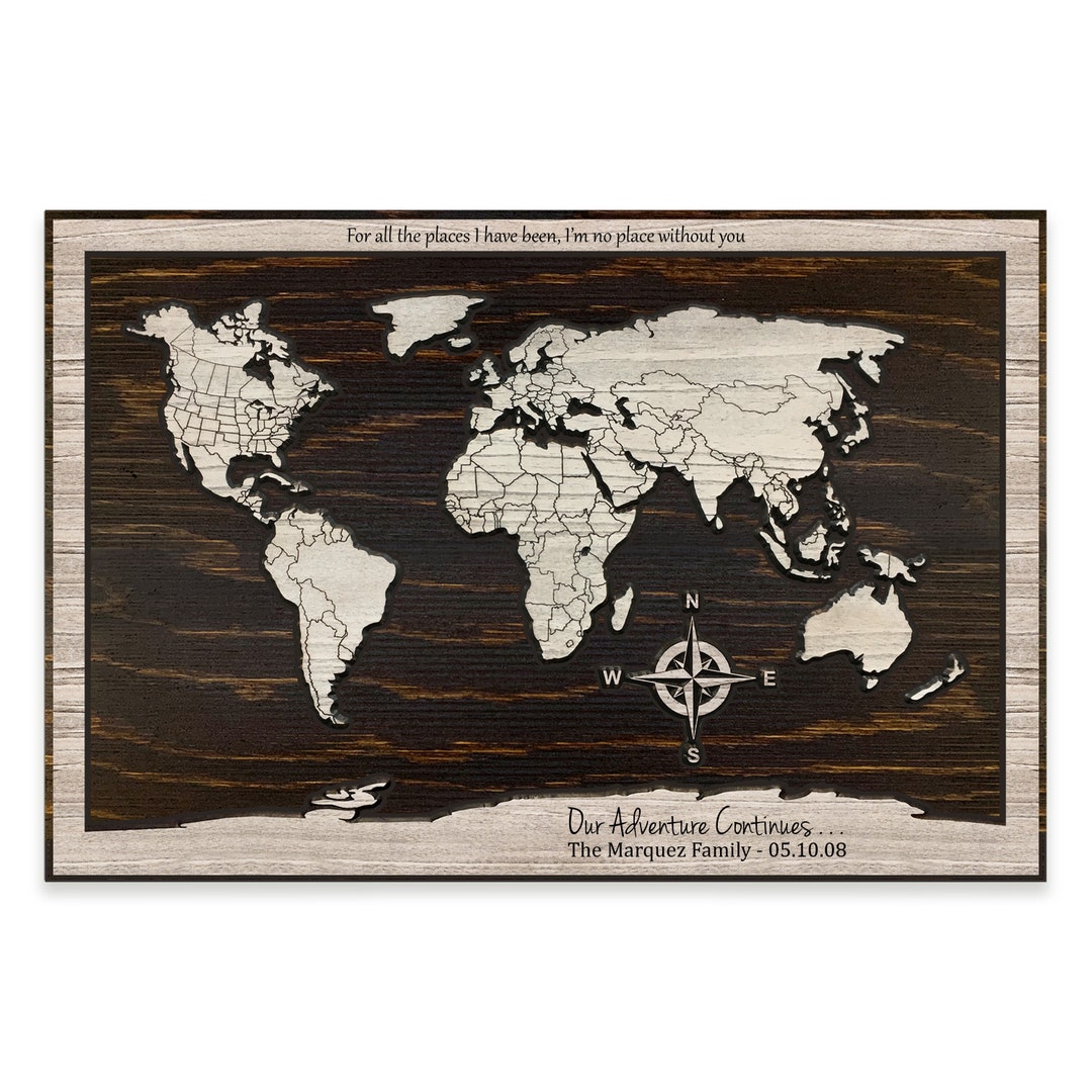 Home Wall Decor World Map Wall Art, Customized With Your Own Text, Push ...