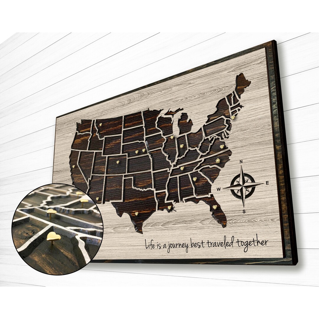 Push Pin Map USA - US Map Wall Art With Compass - Pin Wood Carved Map ...