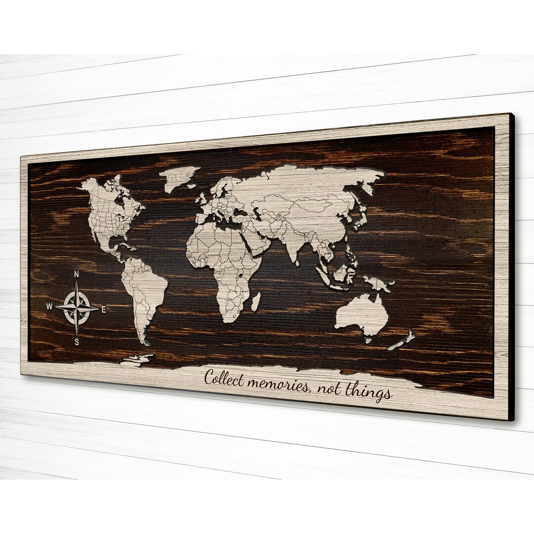 World Map Art, Home Wall Decor, Customize Text, Country Lines, Compass ...