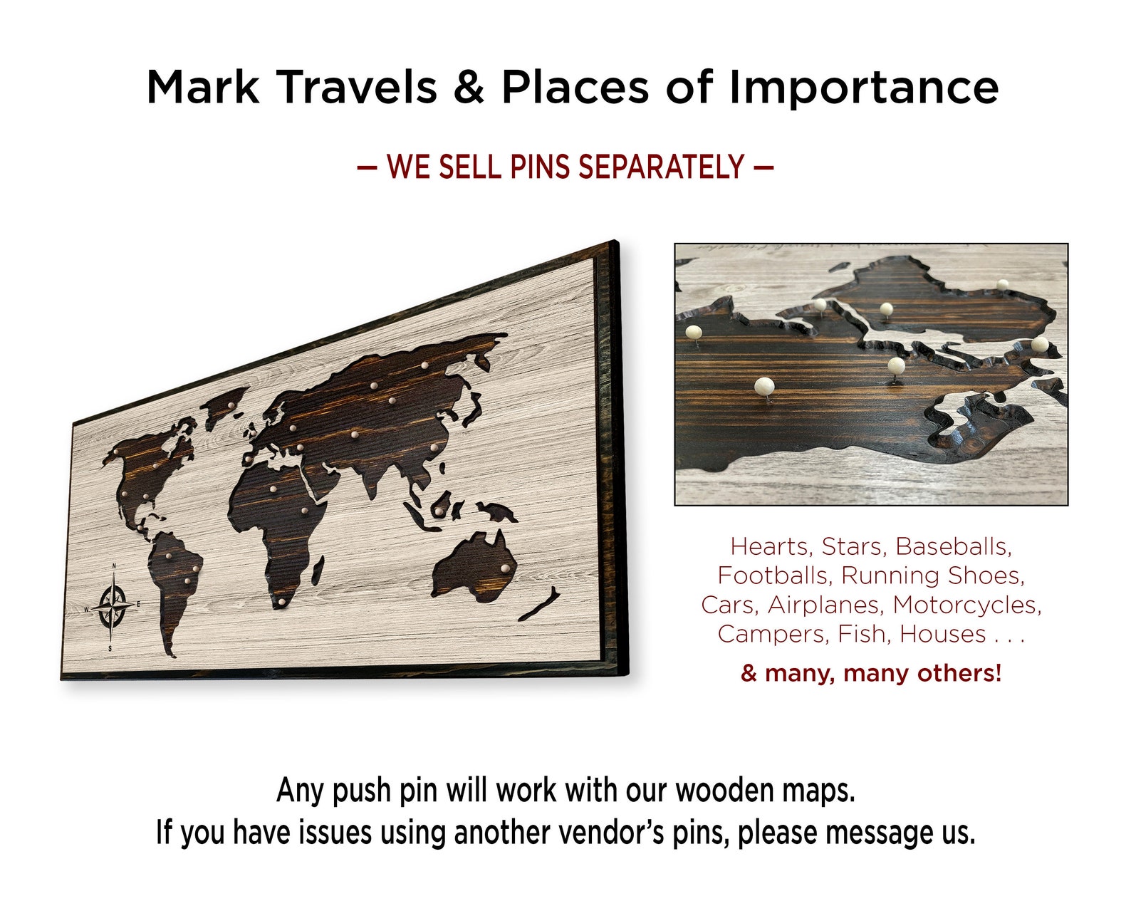 Push Pin World Map World Map Wall Art Wood Wall Art Wooden | Etsy