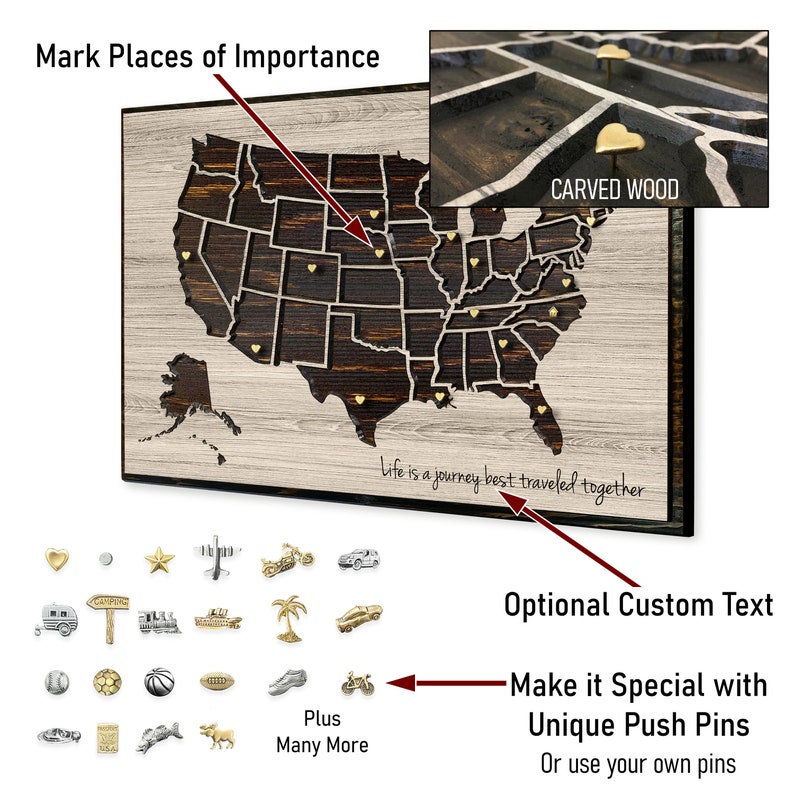 Push Pin Map of the United States Customized Text US Map to - Etsy