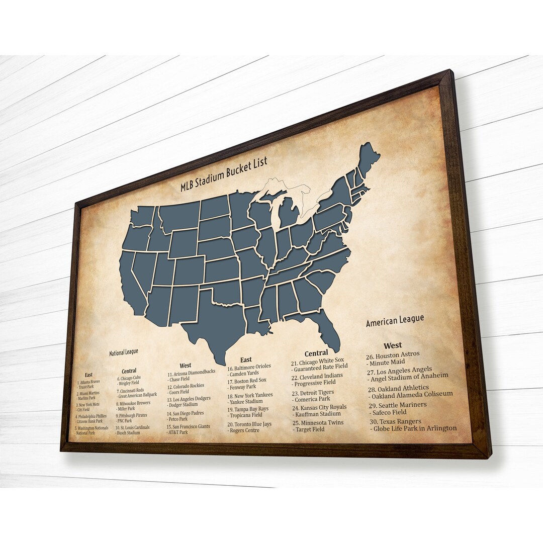 Push Pin Baseball Bucket List US Map | All Ball Parks Listed | Major ...