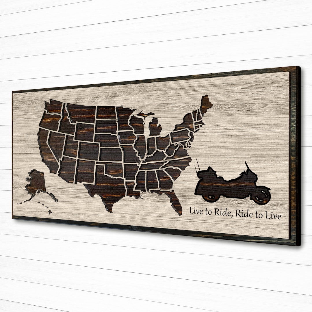 Motorcycle Travel Map Carved Into Wood Push Pin Friendly, Customize ...