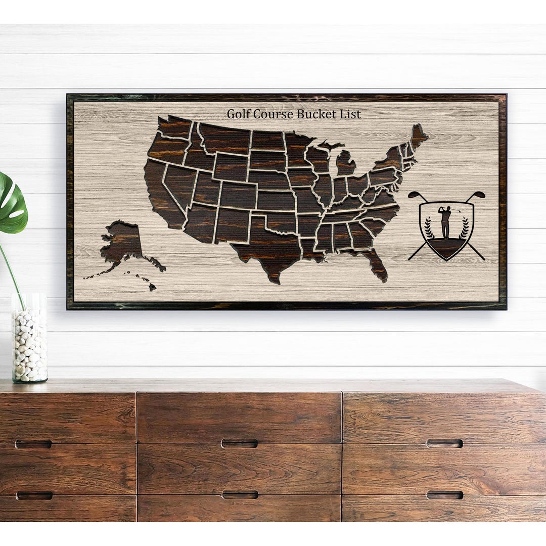 Golf Course Bucket List Map - Wood Carved Map That You Can Pin Your ...