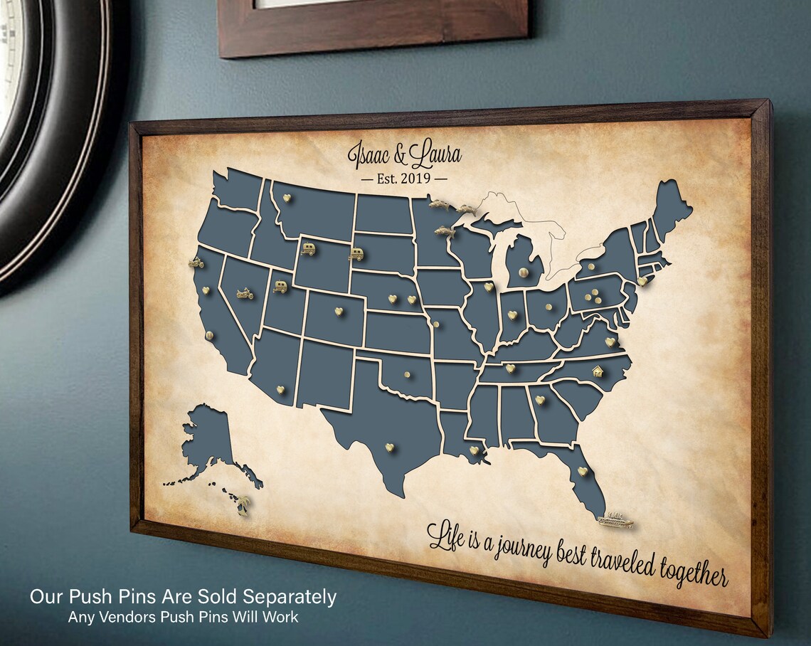 Framed Push Pin Map of the United States Cork Canvas Map for - Etsy