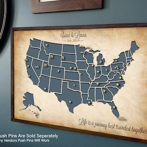 Framed Push Pin Map of the United States | Cork Canvas Map for Easy ...