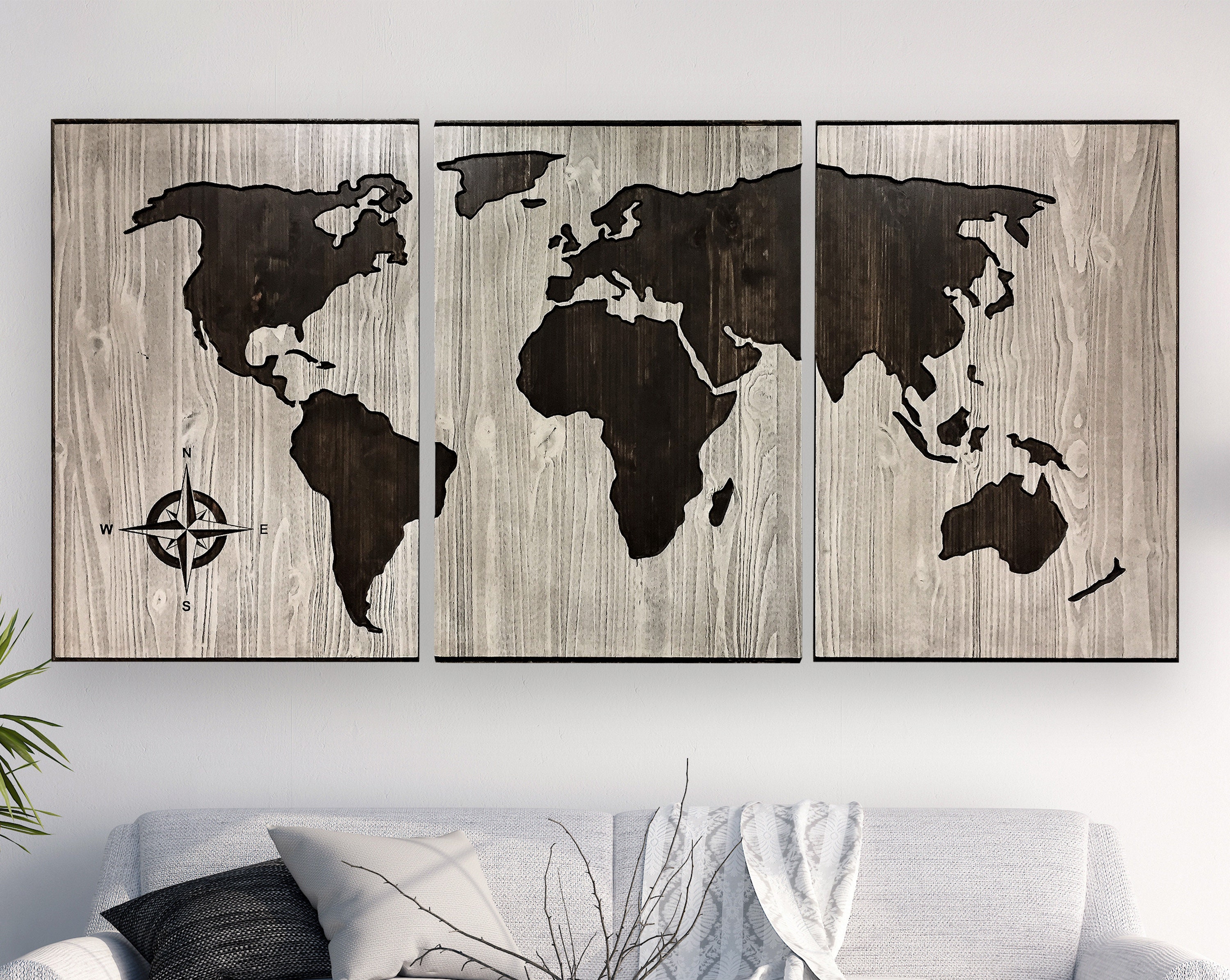 Wood World Map Wall Art, Carved 3 Panel Home Decor, Wood Wall Art, 3D ...