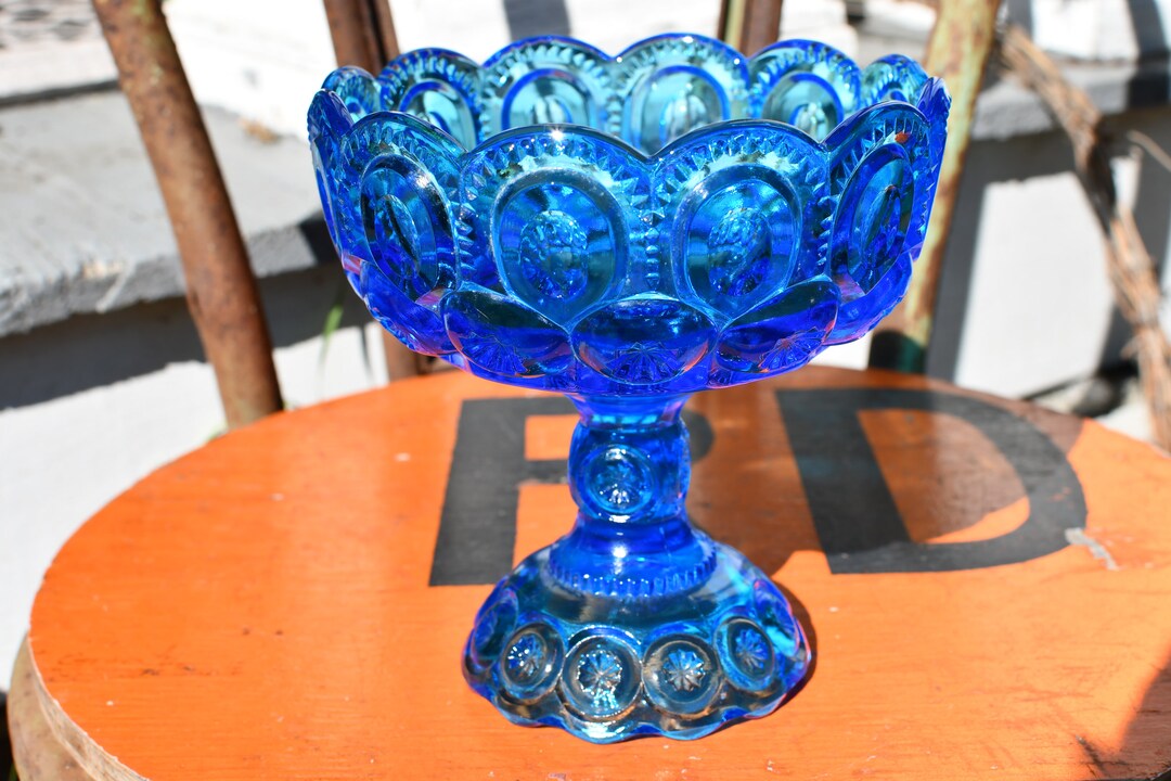 L.E. Smith Glass Compote // Moon and Stars Turquoise Blue Glass ...