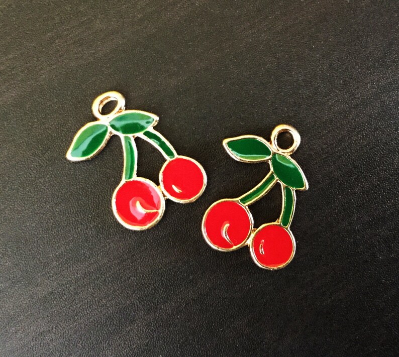 Enamel Cherry Charm | Hand Printed 14k Gold Plated Charms |jewelry ...