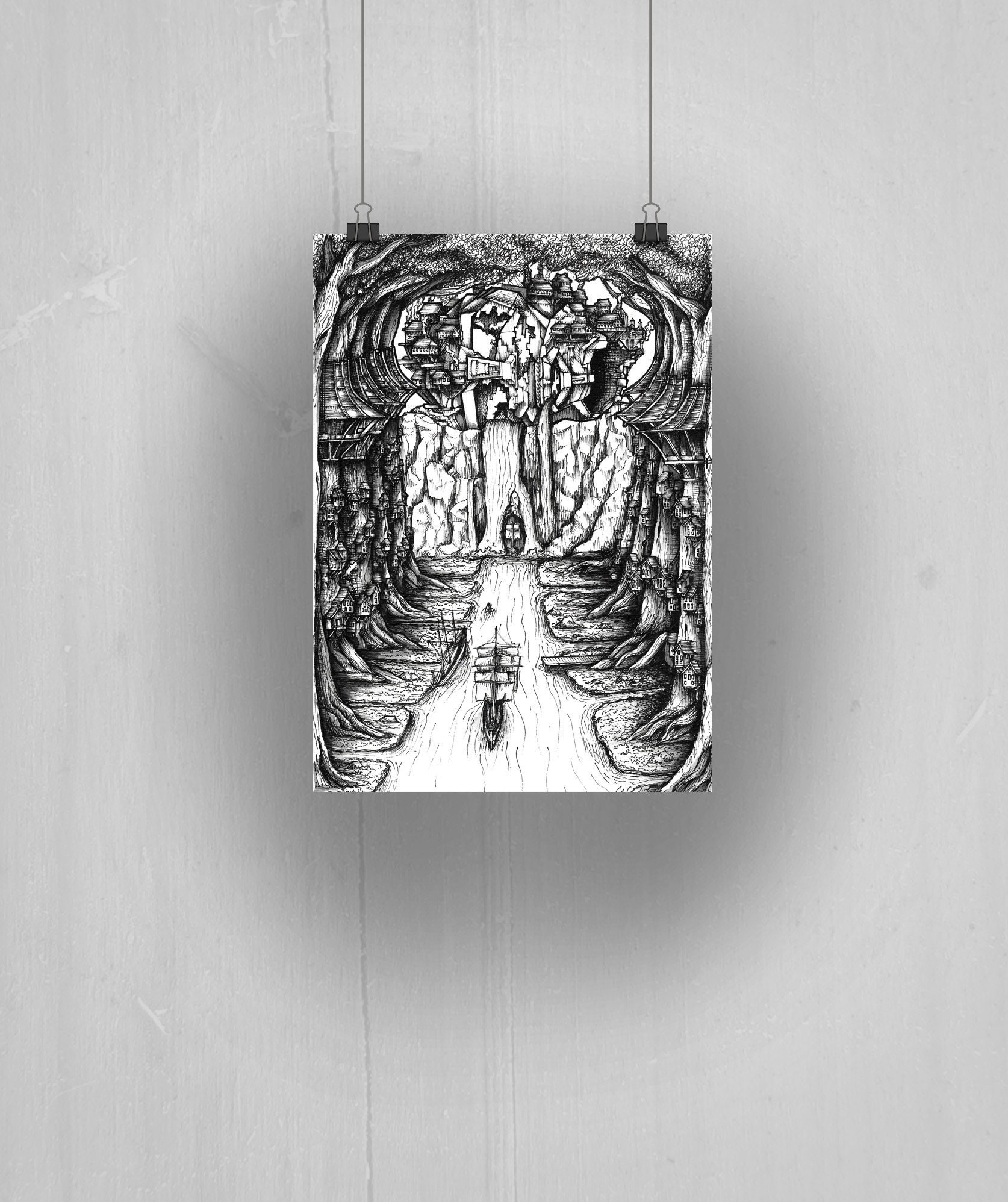 Lost Port Ink Drawing, Art Print. A5, Original Drawing, Black and White ...