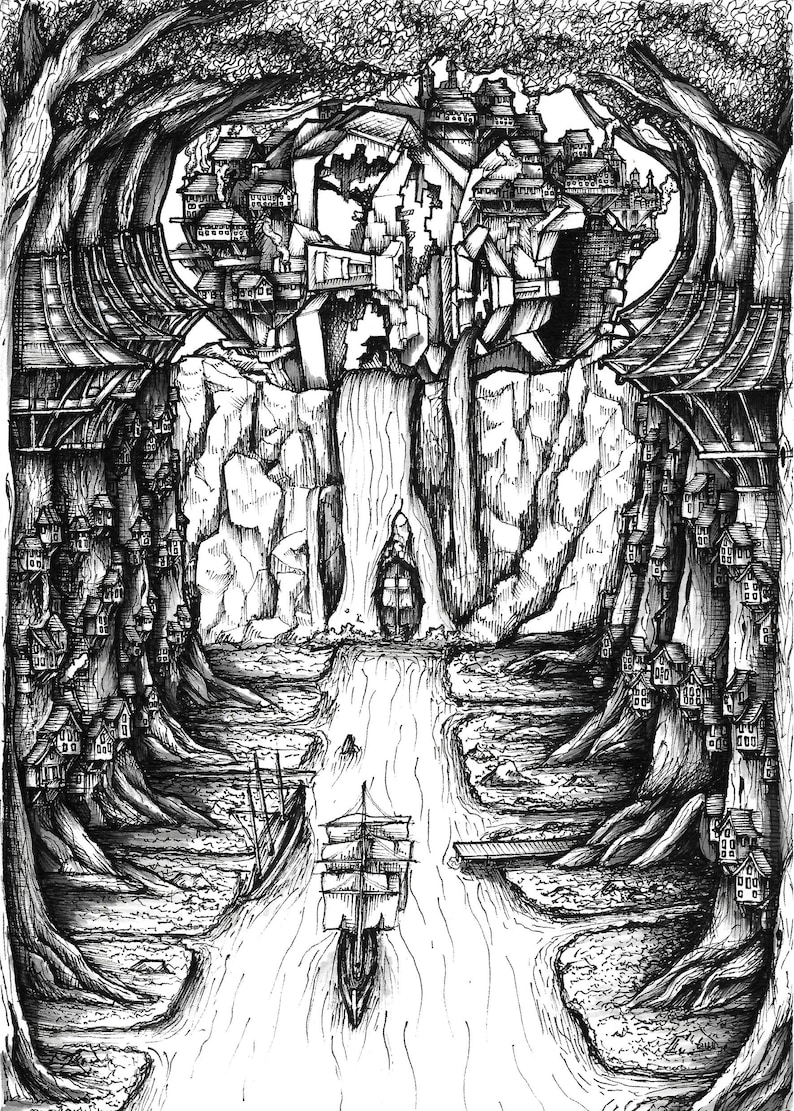 Lost Port Ink Drawing, Art Print. A5, Original Drawing, Black and White ...