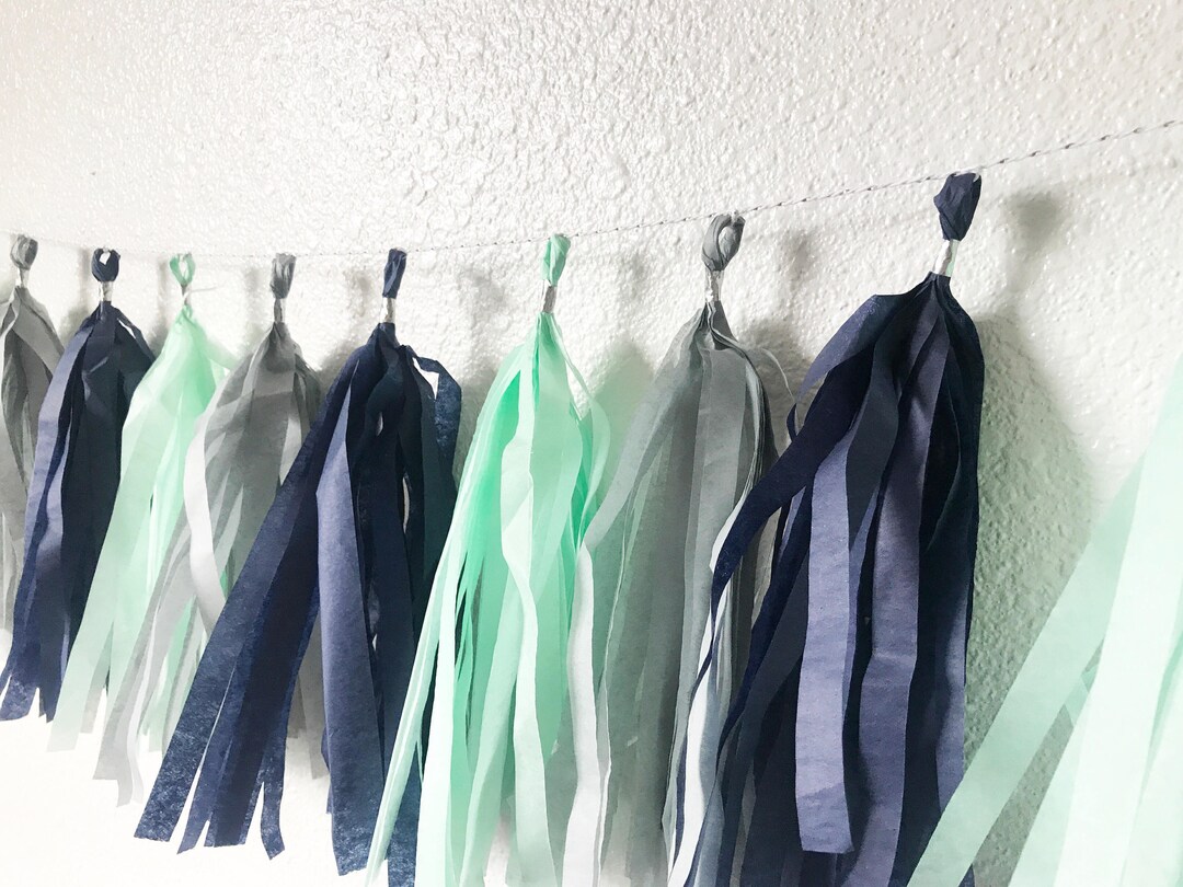 Tassel Garland Tassel Banner Navy Blue, Mint Green, and Grey Tassel ...