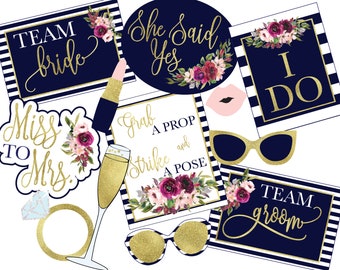 Printable Bridal Shower Photo Booth Props Gold Navy Hen - Etsy