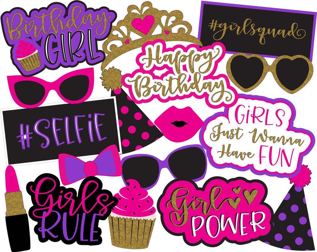UNEDITABLE Girls Birthday Photo Booth Props Instant Download Hot Pink ...