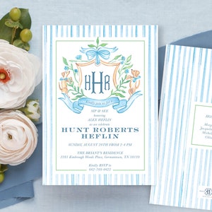 PRINTABLE Baby Shower Invitation | Puppy Crest | Sip and See | Blue Bow ...