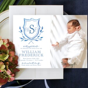 PRINTABLE Birth Announcement | Baby Boy | Monogrammed Crest | Blue and ...