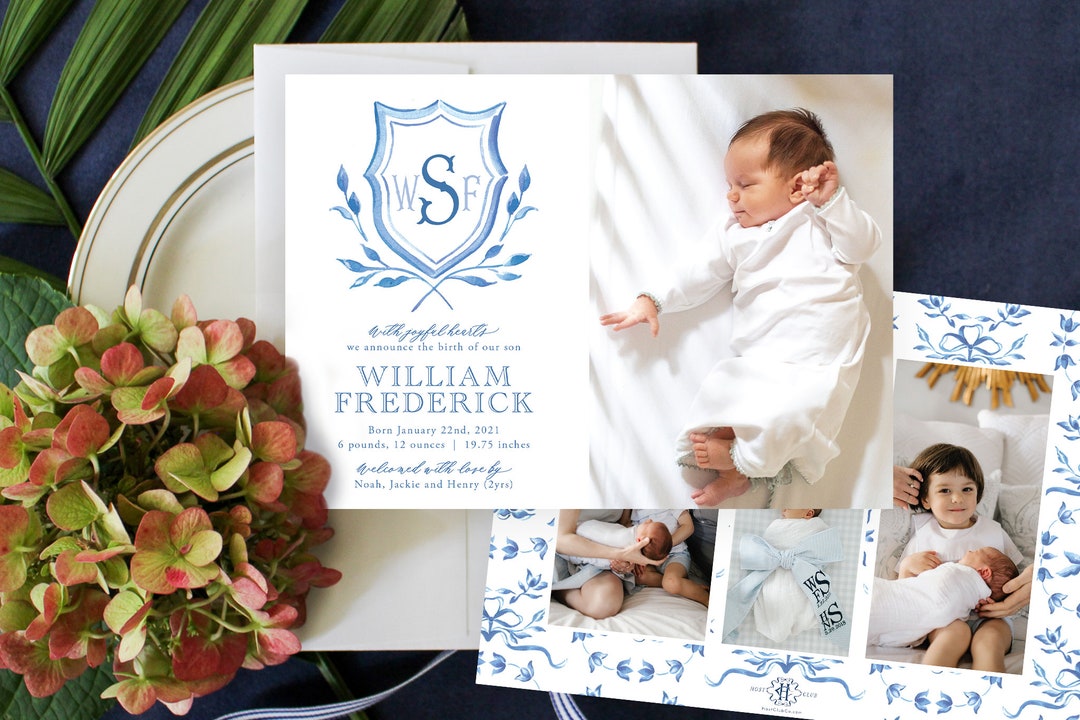 PRINTABLE Birth Announcement | Baby Boy | Monogrammed Crest | Blue and ...
