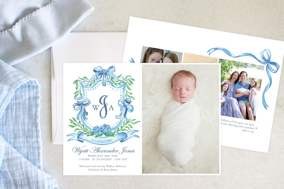 PRINTABLE Birth Announcement | Monogrammed Crest | Blue Hydrangea - Etsy