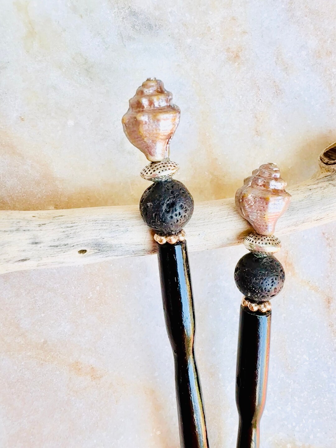 Conch Seashell Hair Sticks • Beach Lover Gift • Lava Rock Beads • Czech ...