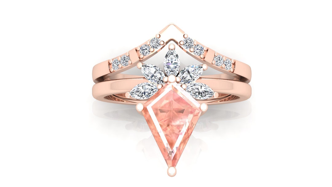 Kite Shape Engagement Ring Set, 12x8mm Kite Cut Morganite Bridal Ring ...