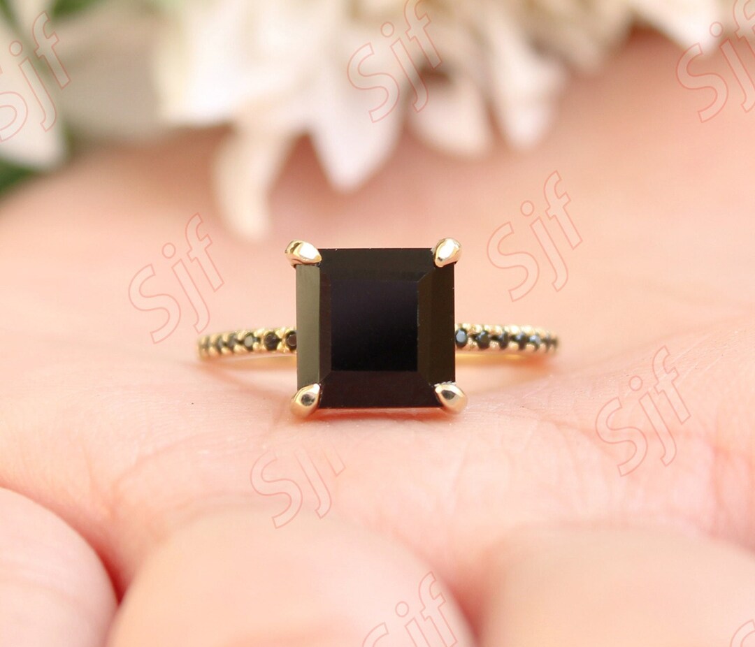 3.25ct, Natural AAA Black Onyx Gemstone Wedding Ring, Square Shape ...