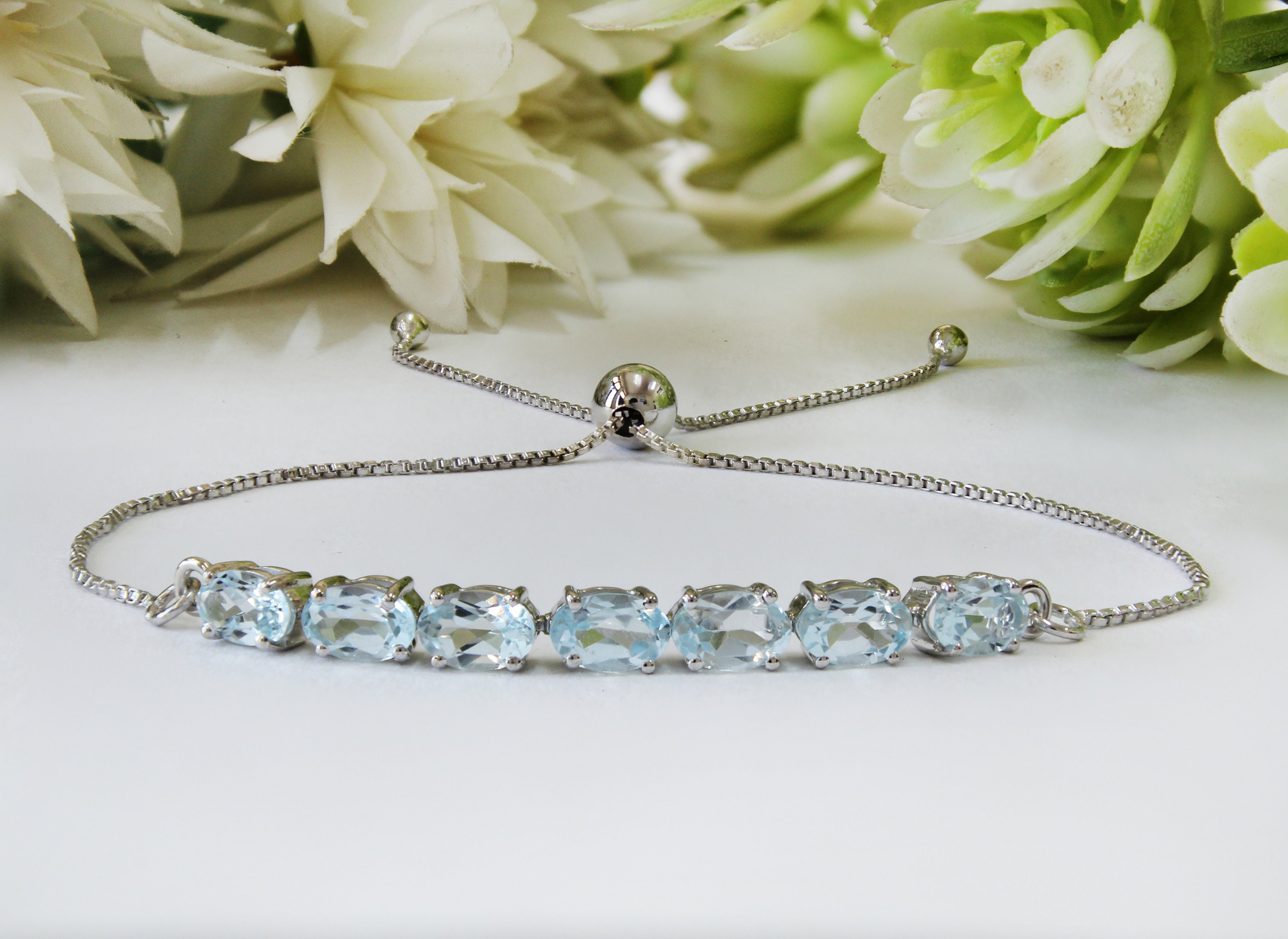 Oval 6x4mm Natural Aquamarine Slider Bracelet with Bolo Lock 925 Silver Ready to Ship Bracelet Next Day Shipping Handmade Jewelry for Her
