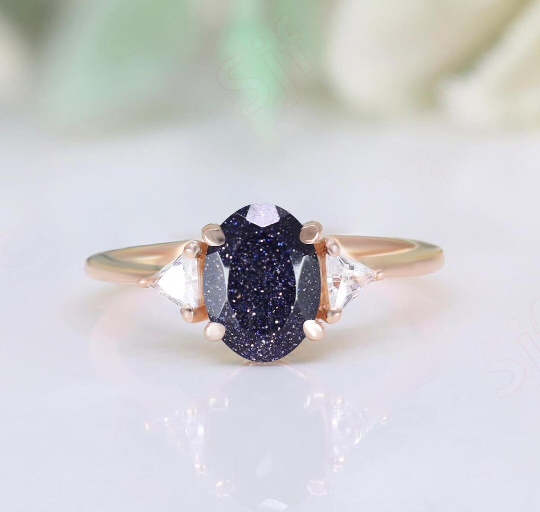 Oval Natural Blue Sandstone Gemstone 14K Rose Gold Plated Silver ...