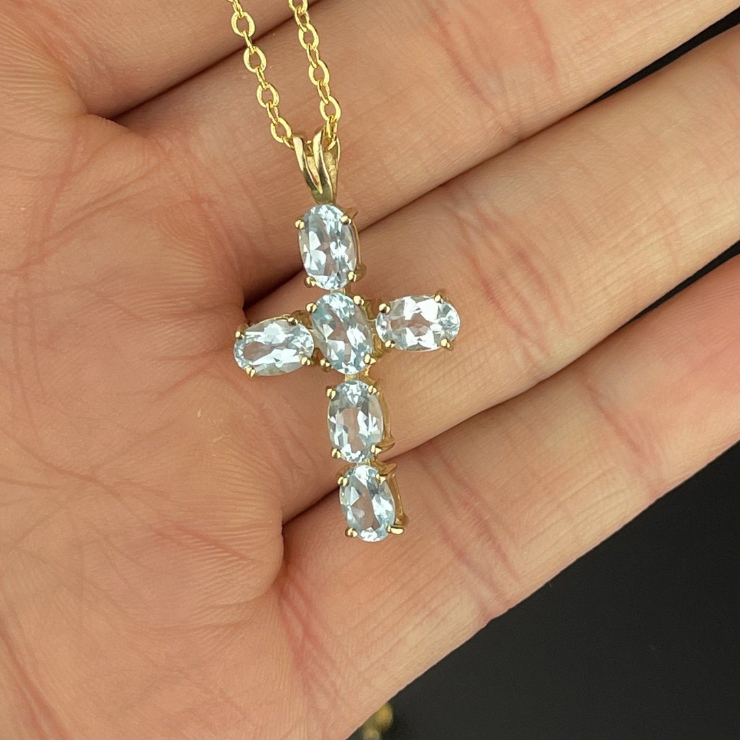 Gold Cross Necklace: Swiss Blue Topaz Oval Pendant (18-inch Cable Chain ...