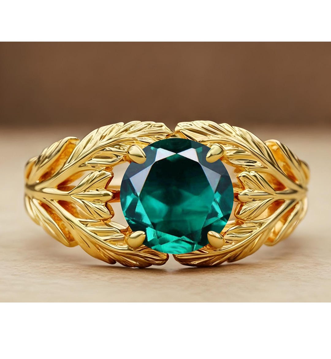 925 Silver 14K Gold Round Emerald Nature Inspired Ring Engagement Ring ...