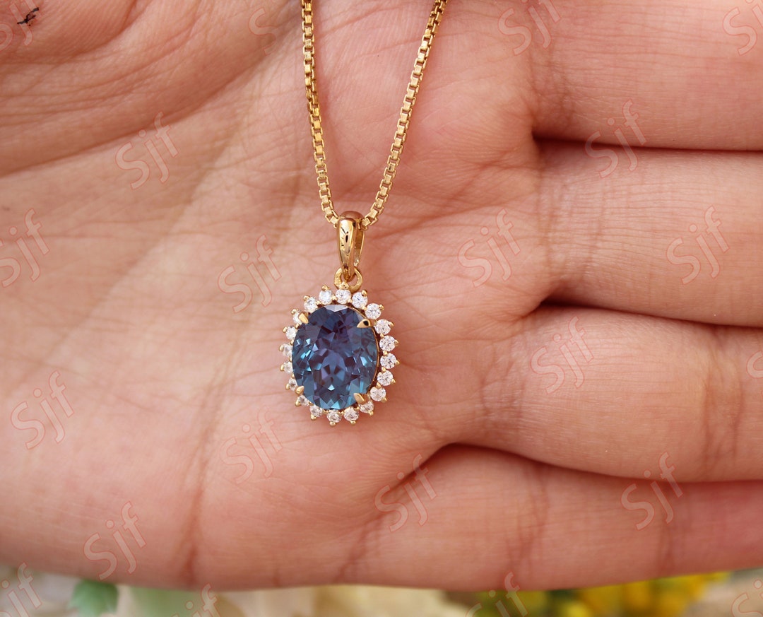 3.35 Cts Lab Alexandrite Pendant, 18 Inch Box Chain Pendant, Moissanite ...
