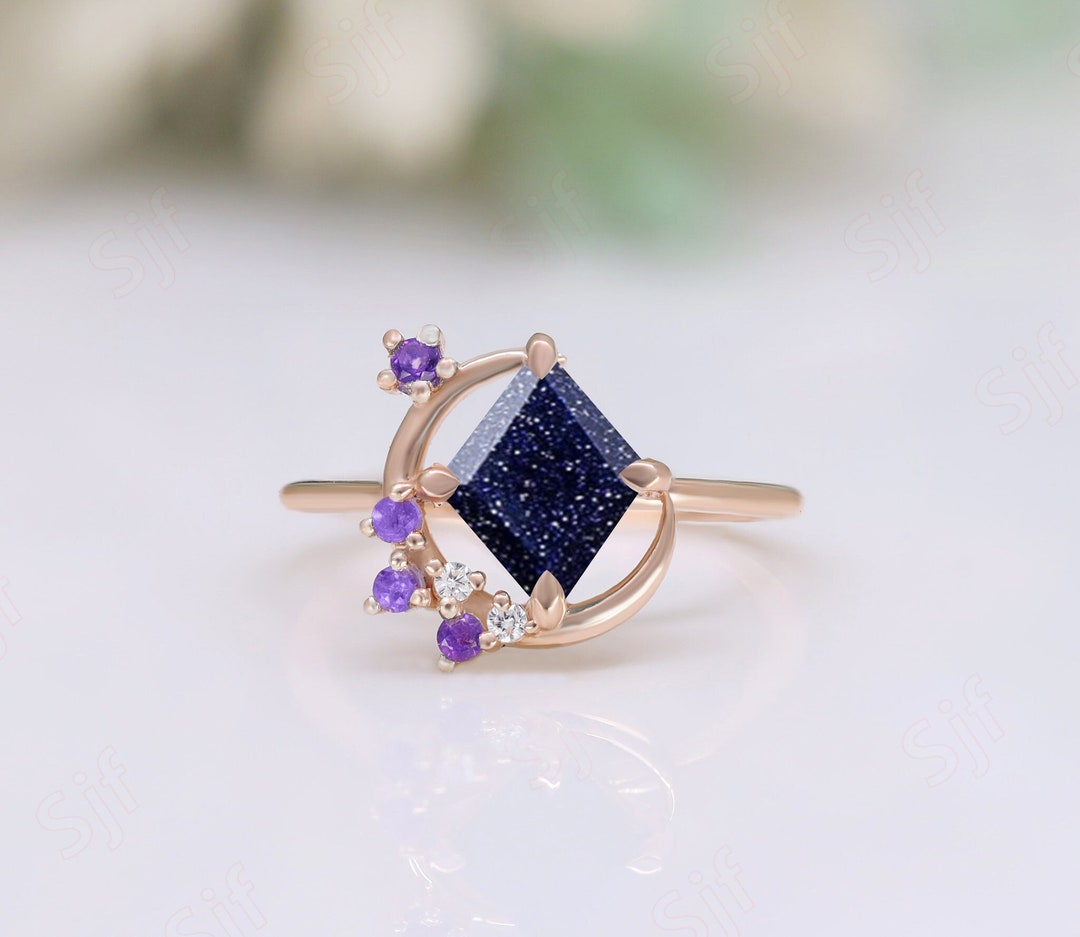 Kite Shape Natural Blue Sandstone Engagement Gold Amethyst Crescent ...