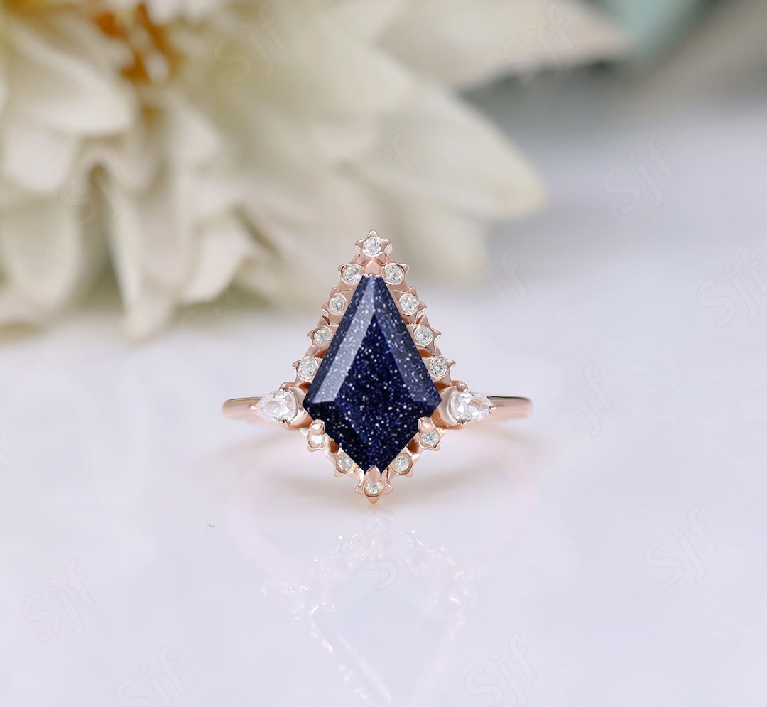 Kite Shape Natural Blue Sandstone Engagement Gold, Unique Halo Art Deco ...