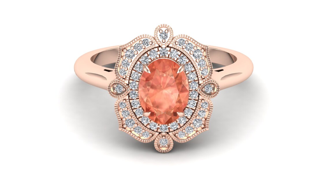 1.23ct, Peach Morganite Gemstone Wedding Ring, Peach Stone Ring, Halo ...