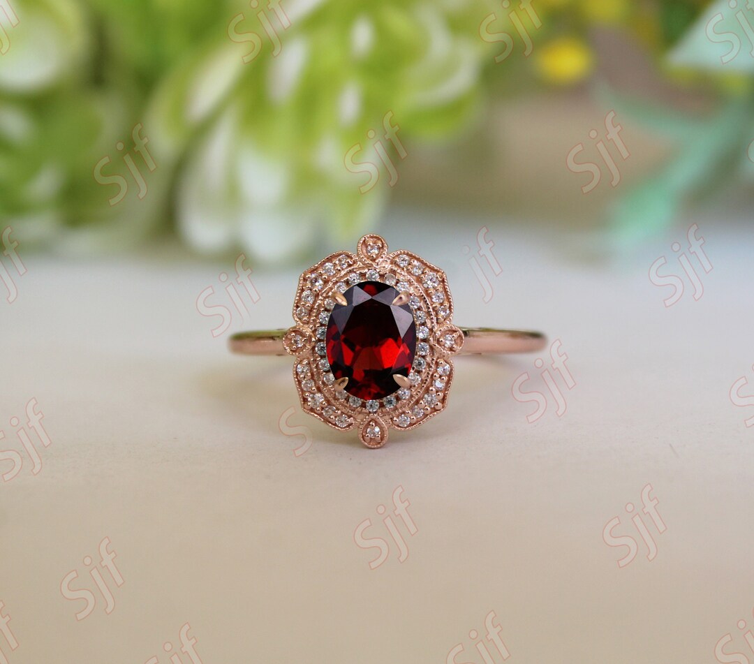 1.40ct, Natural Red Garnet Gemstone Wedding Ring, Red Stone Ring, Halo ...